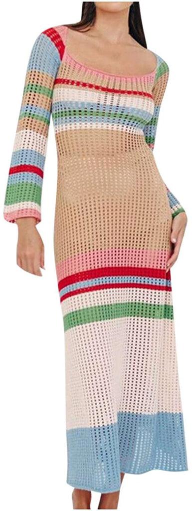 Long Sleeve Crochet Maxi Dress Available In Two Different Color Block ...