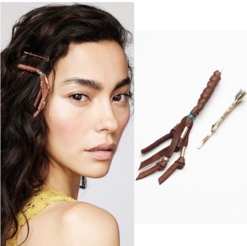 Coyote 2 Pc Bobby Pin Set Camel Brown Braided Leather Fringe Turquoise ...